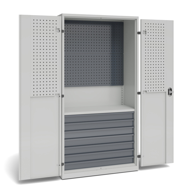 Szafa warsztatowa z 2 panelami perforowanymi, 1 półką stałą, 7 szufladami o wys. 100 mm ...